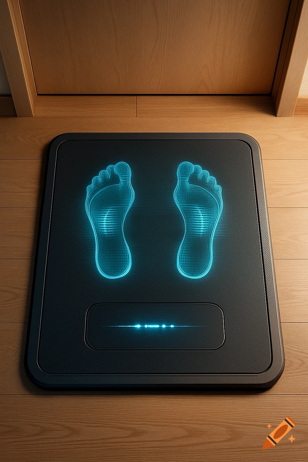 A modern smart floor mat with glowing blue footprints and lights on a ...