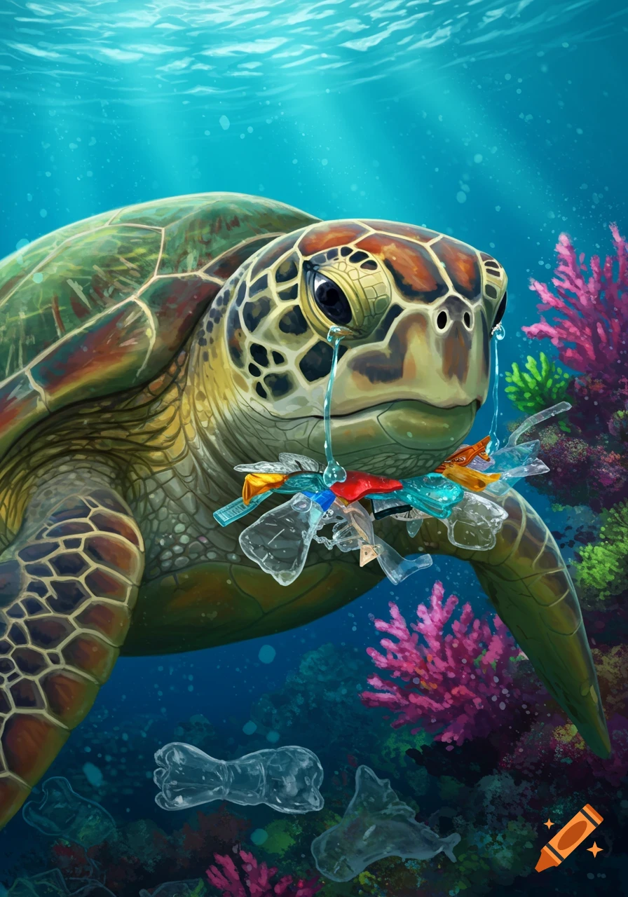 An illustration of a sea turtle crying underwater, tangled in plastic ...