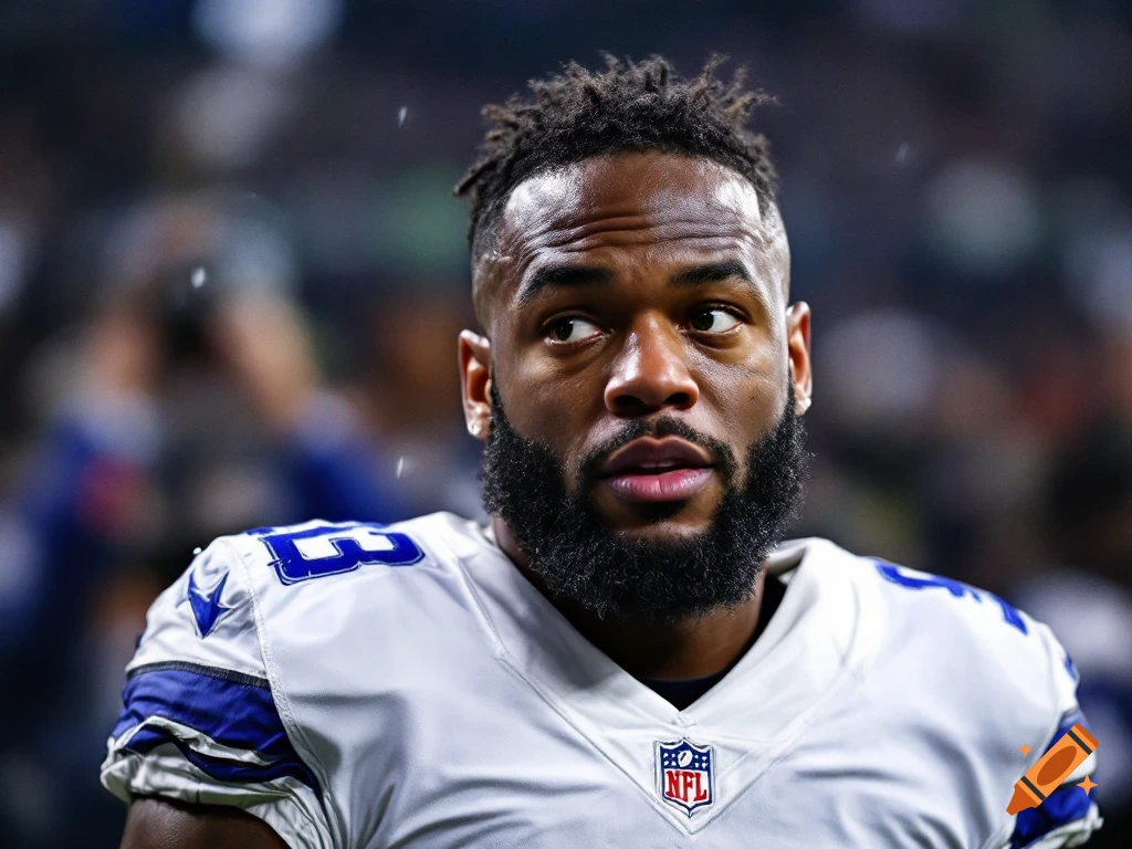 Close-up portrait of a football player in a white and blue uniform ...