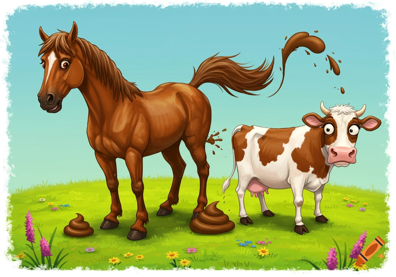 A cartoon horse pooping next to a surprised cow in a field. on Craiyon