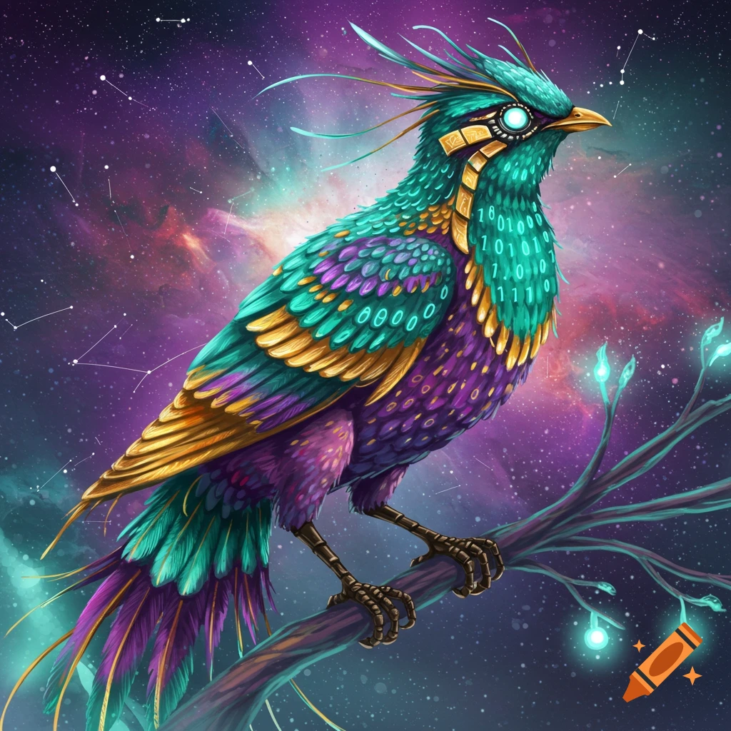 A vibrant bird with binary code patterns on its feathers sits on a ...