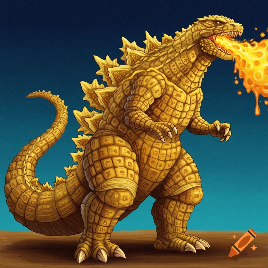 Godzilla monster made of popusas breathing fire on Craiyon