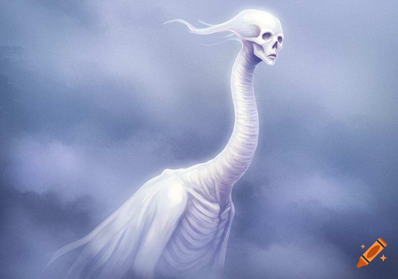 A long-necked skeletal ghost creature in a misty environment. on Craiyon