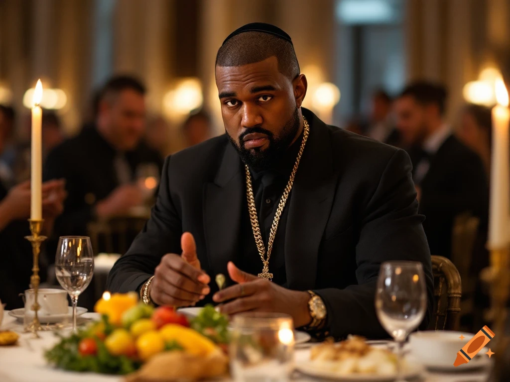 Kanye West in a yarmulke and gold chains sits at a formal dinner table ...