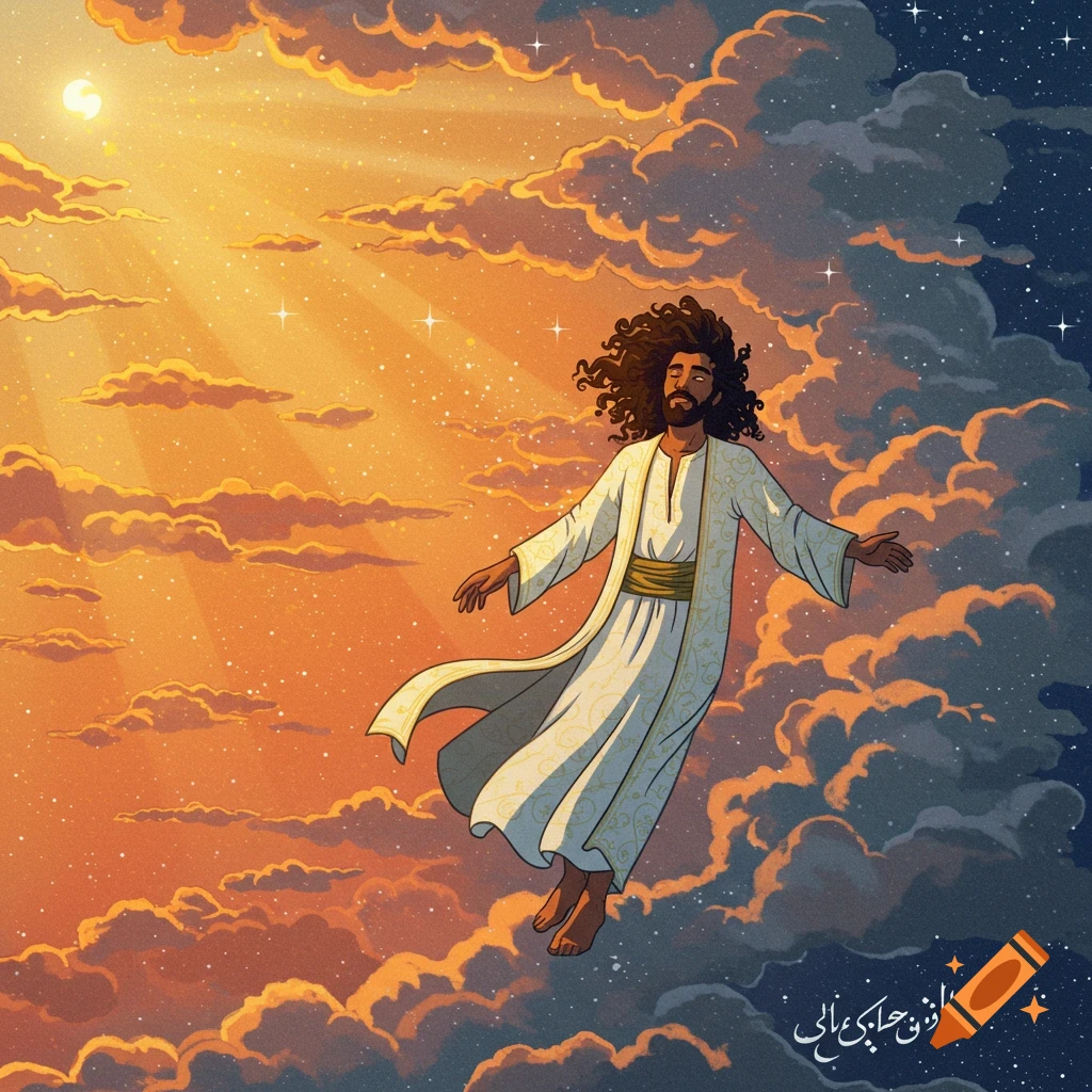 Illustration of a figure resembling Jesus floating in a cloudy sky ...