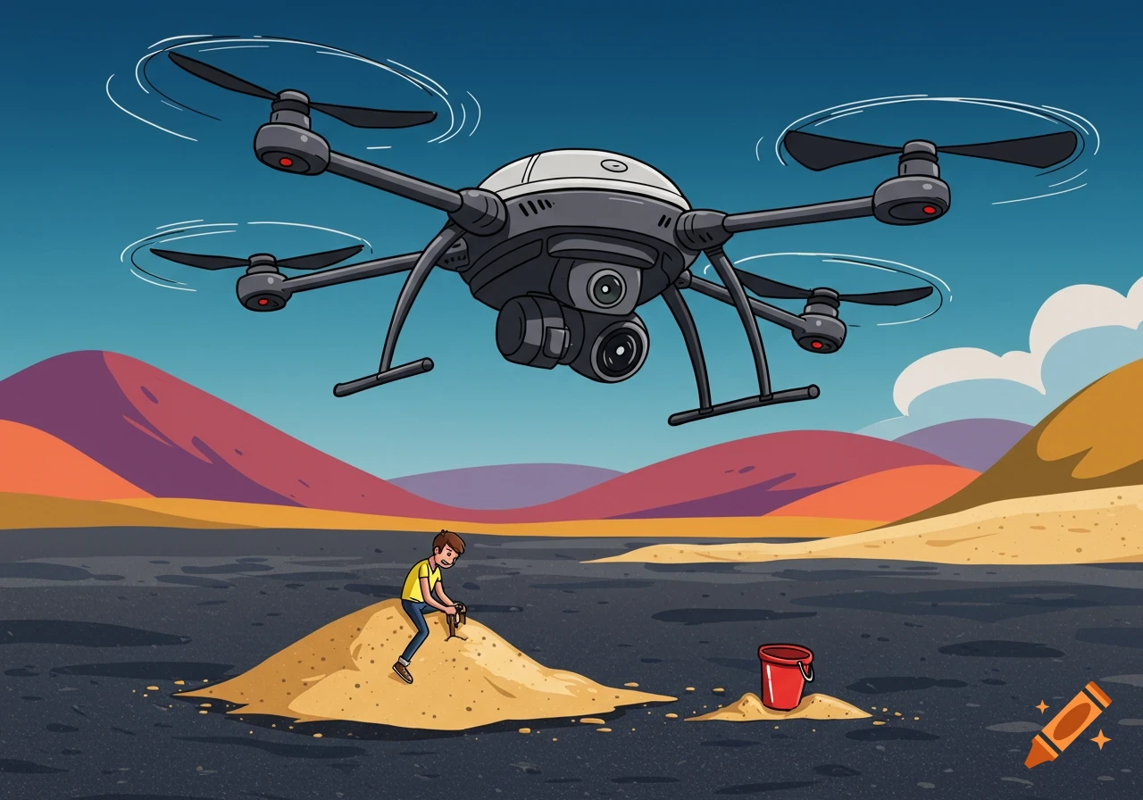 Cartoon illustration of a large drone hovering over a boy playing on a ...
