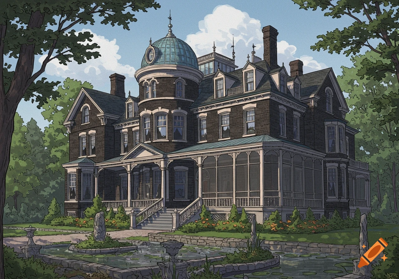 A detailed illustration of a grand Victorian-Colonial Revival house ...