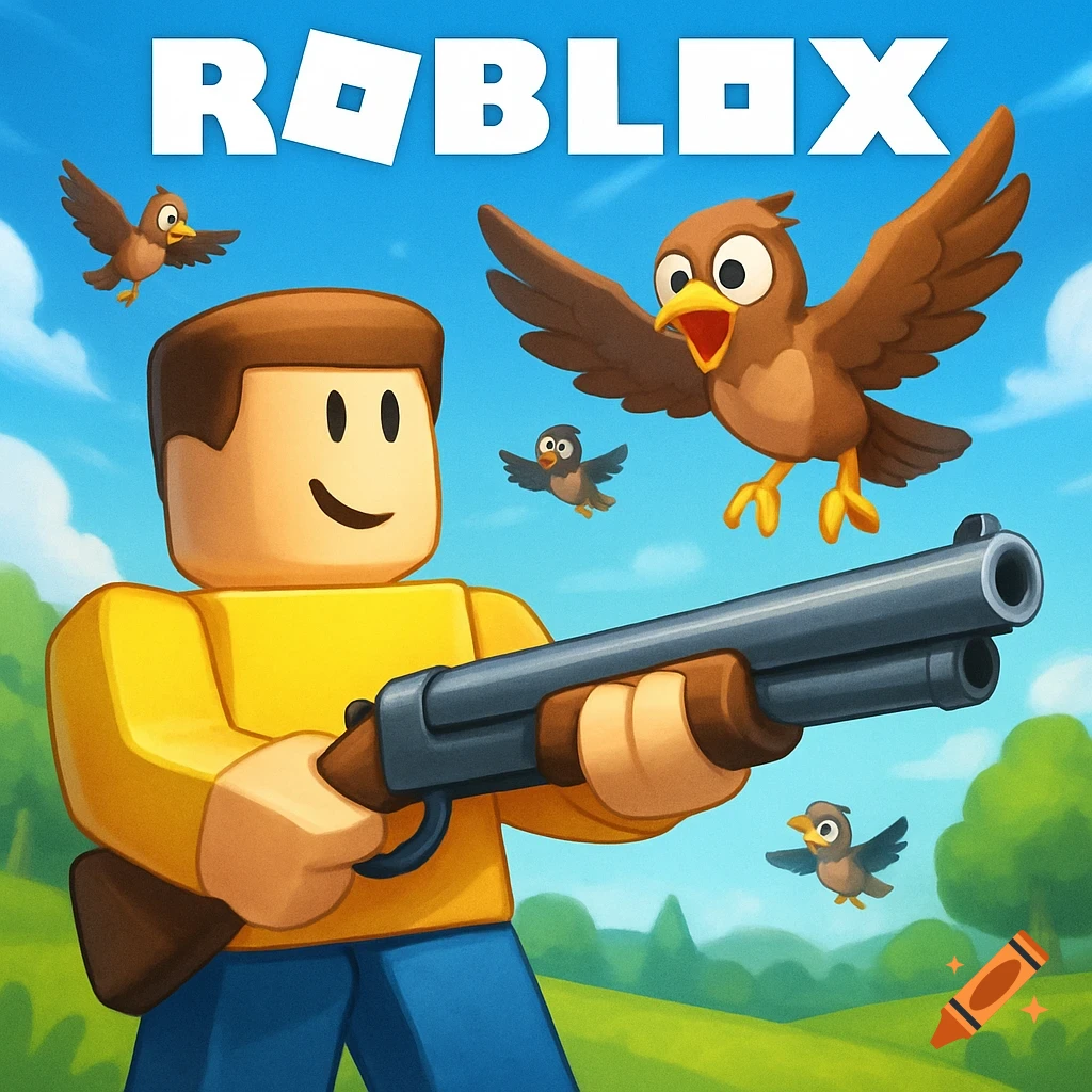 Cartoon Roblox character with shotgun aiming at flying birds under the ...