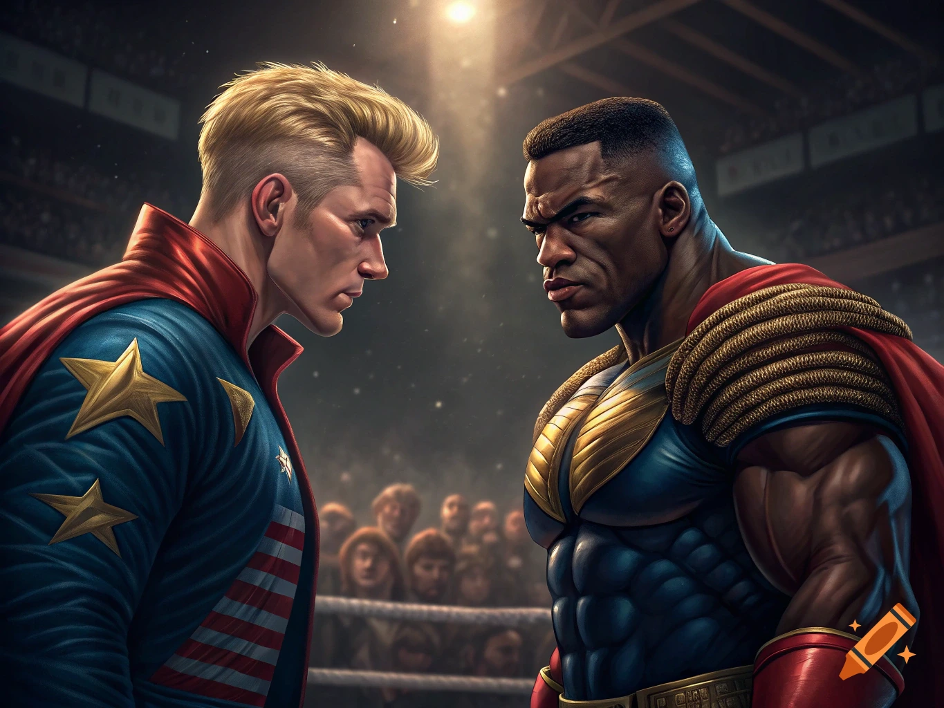 Two muscular men in superhero costumes face off intensely in a boxing ...