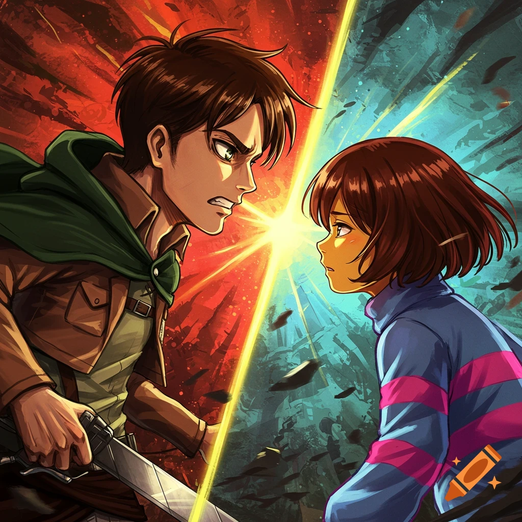 Anime characters Eren Yeager and Frisk facing each other with a bright ...