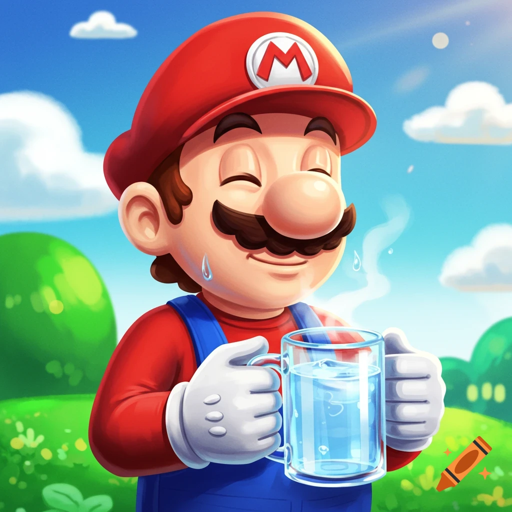Stylized illustration of Mario smiling and holding a glass of water in ...