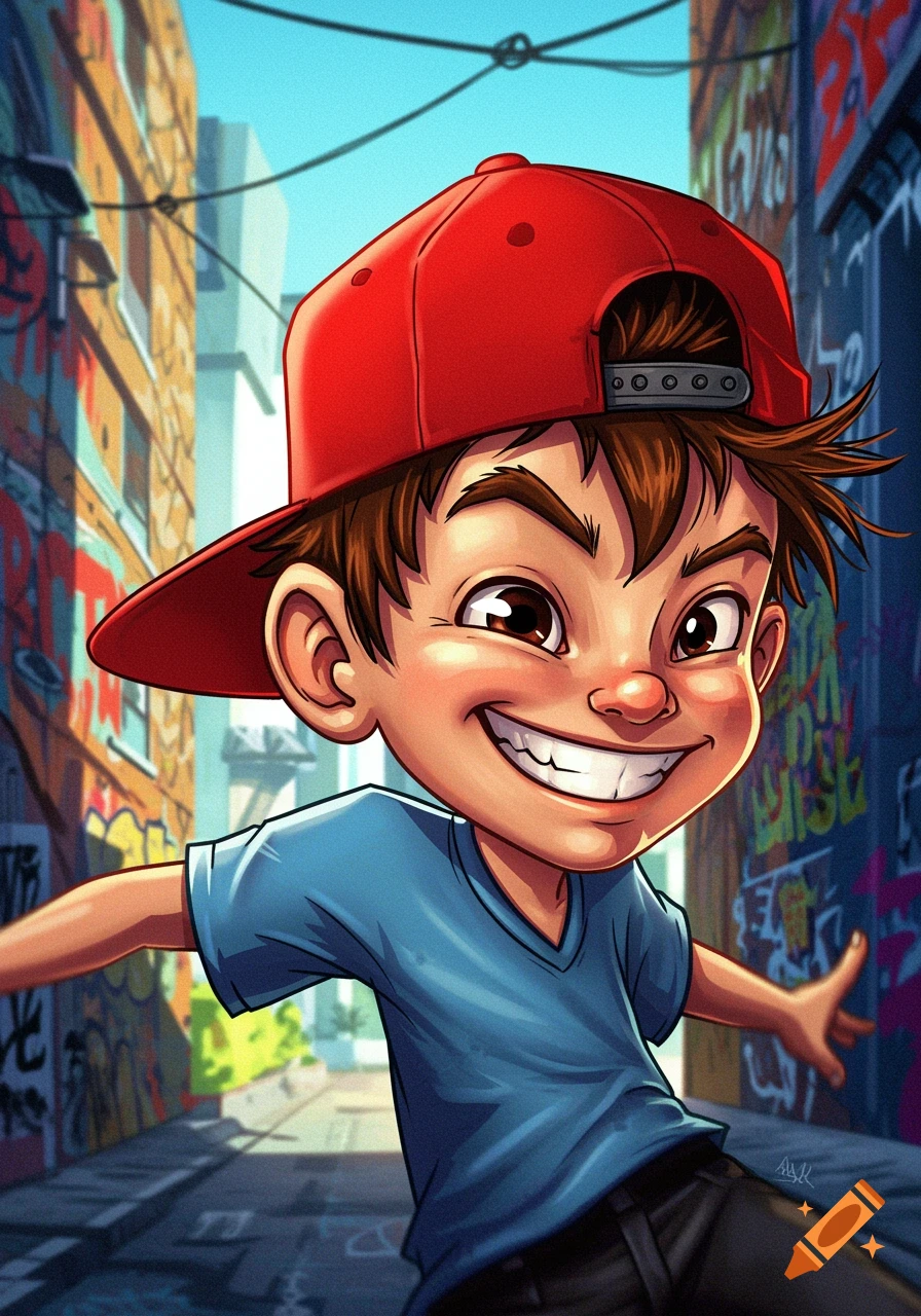 A cartoon boy in a backward red baseball cap smiles broadly in a ...