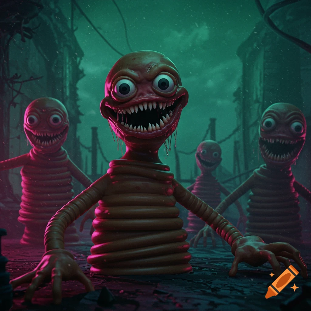 Scary worm-like creatures with sharp teeth in a dark street. on Craiyon