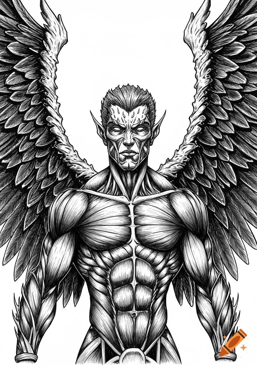 Black and white pen and ink drawing of a muscular winged Nephilim ...