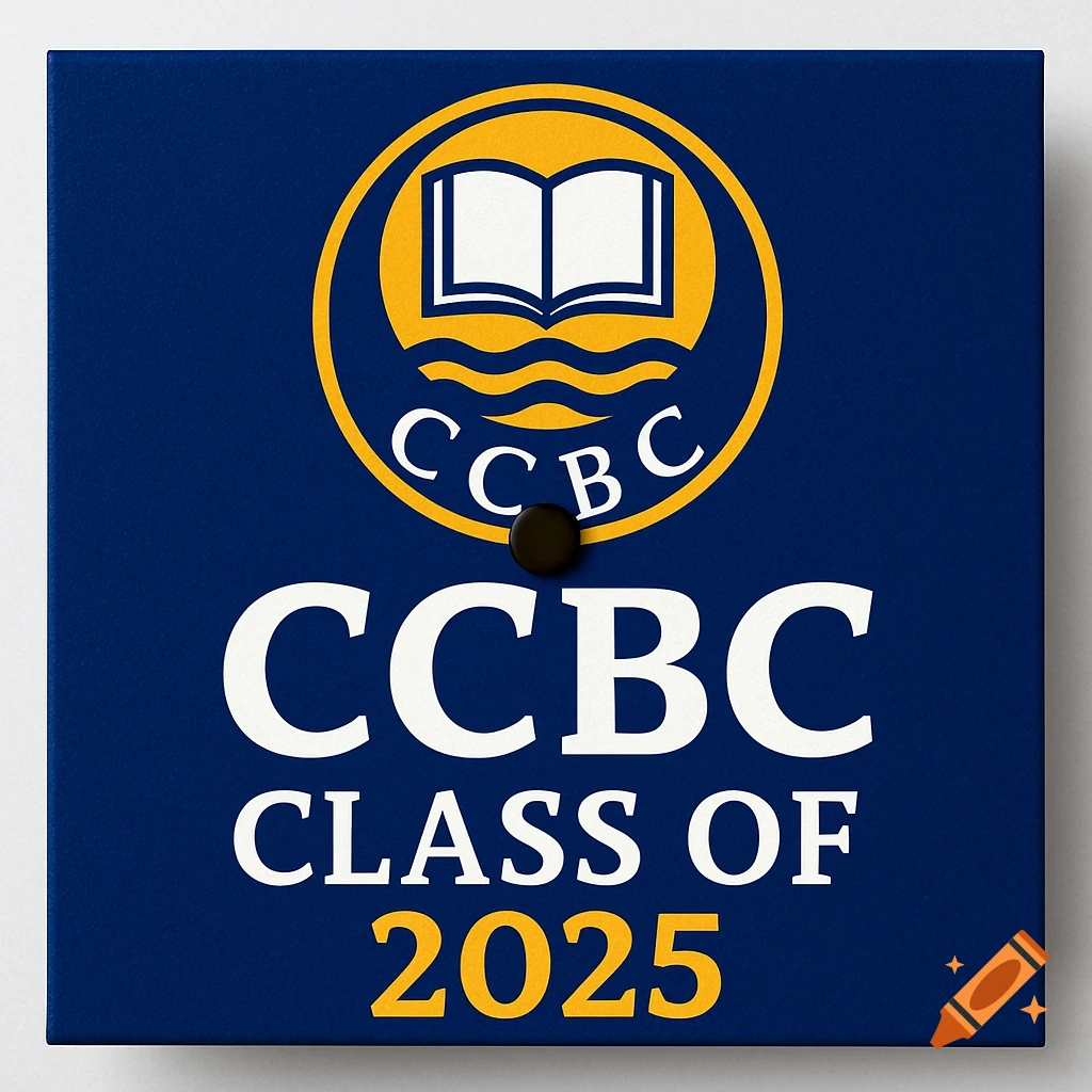Blue graduation cap design with a yellow and white CCBC logo and white ...