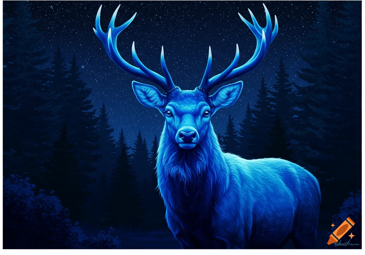 A blue deer with glowing antlers stands in a dark forest under a starry ...