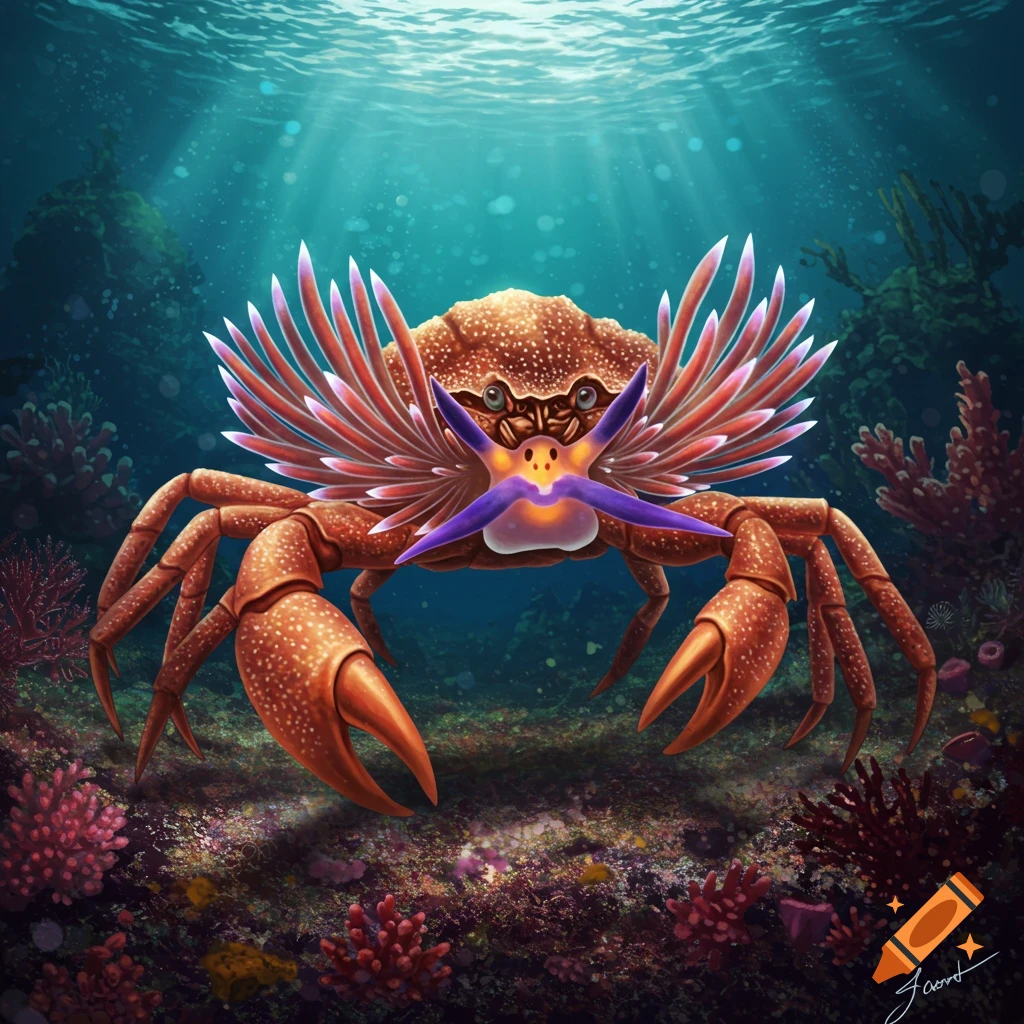 A fantasy hybrid creature, part crab, part nudibranch, underwater near ...