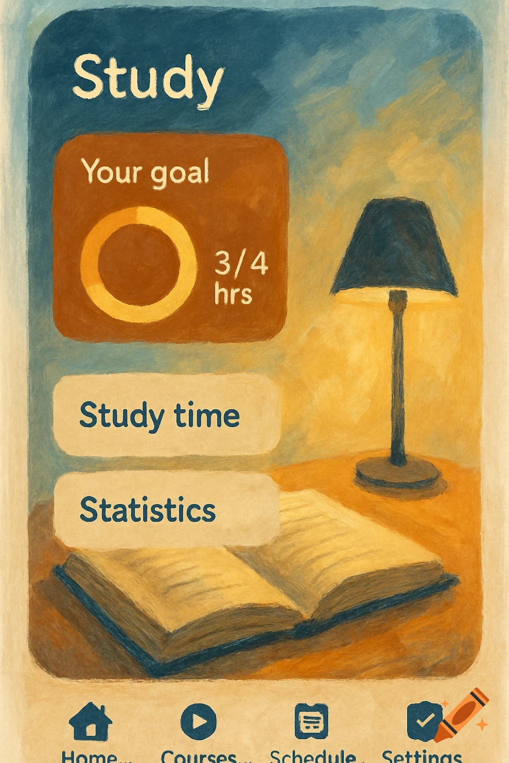 Digital painting of a study app UI showing progress, study time ...