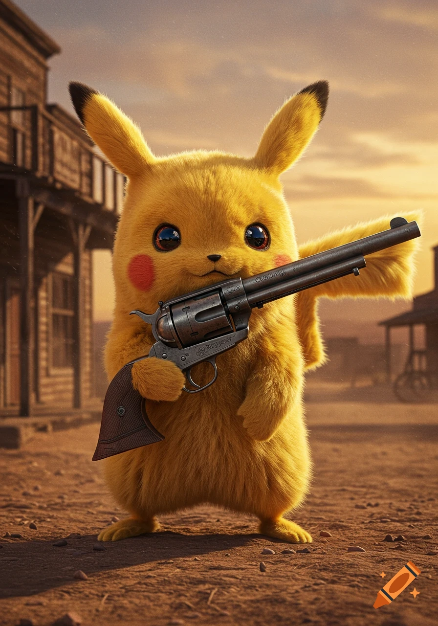 Pikachu in a Western town holding a Colt revolver. on Craiyon