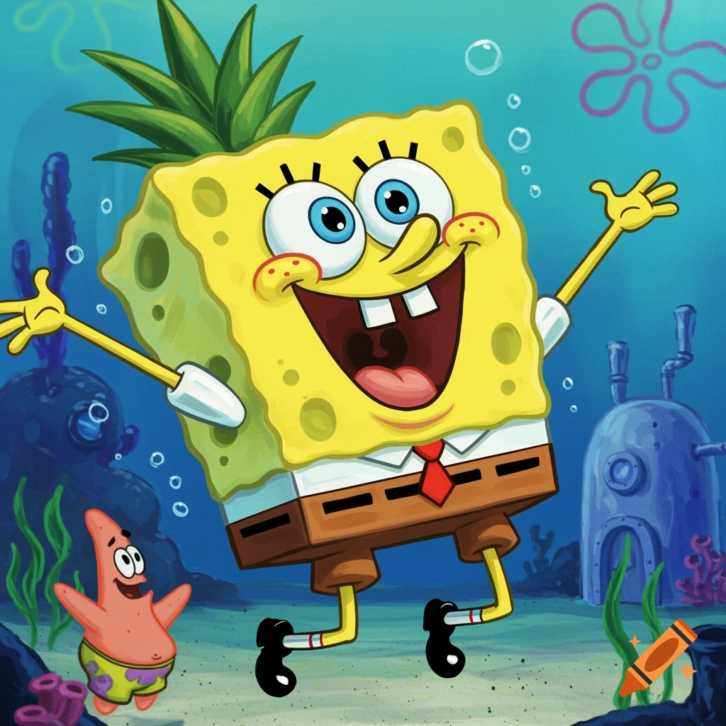 Spongebob Squarepants and Patrick Star smiling happily underwater in Bikini Bottom. on Craiyon
