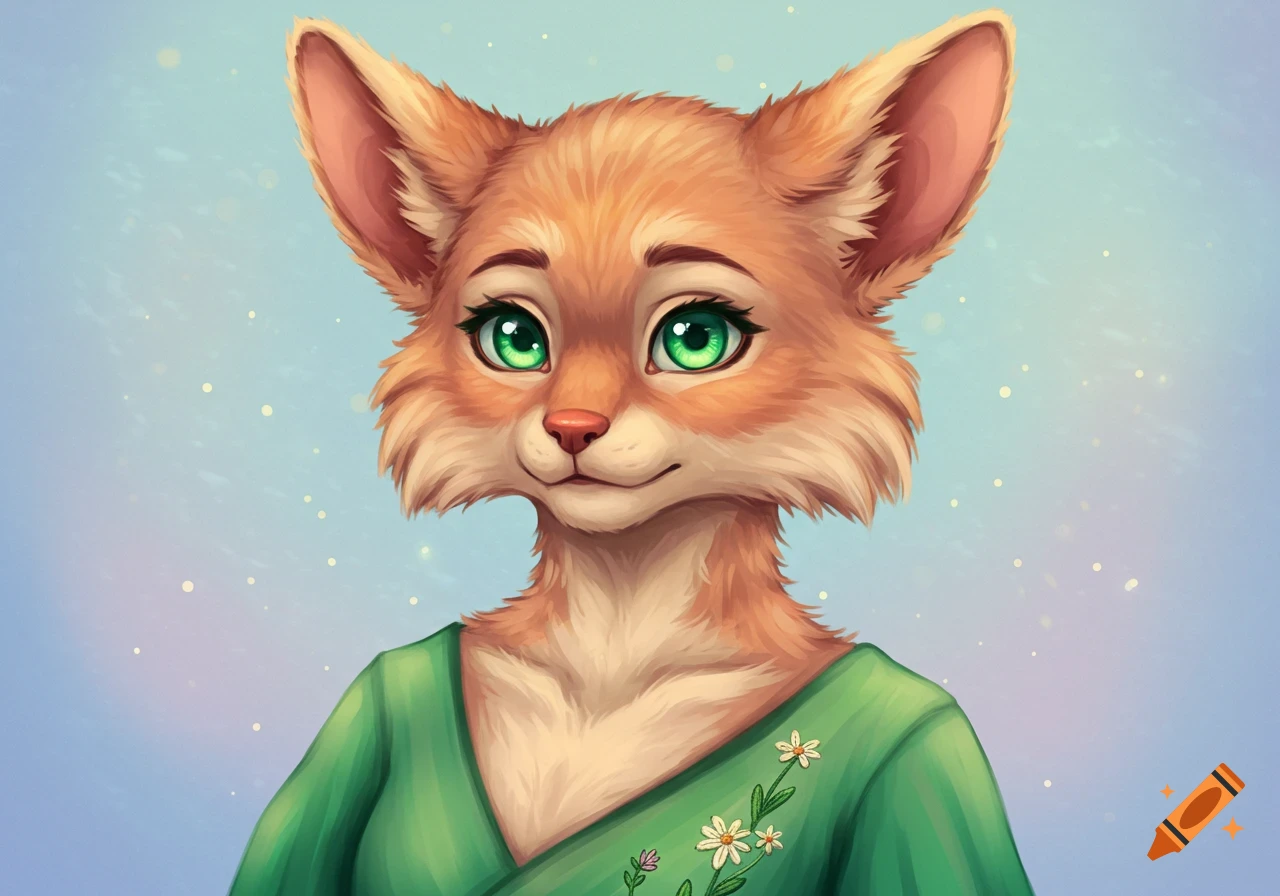 Cartoon portrait of a furry fox character with green eyes in a green ...
