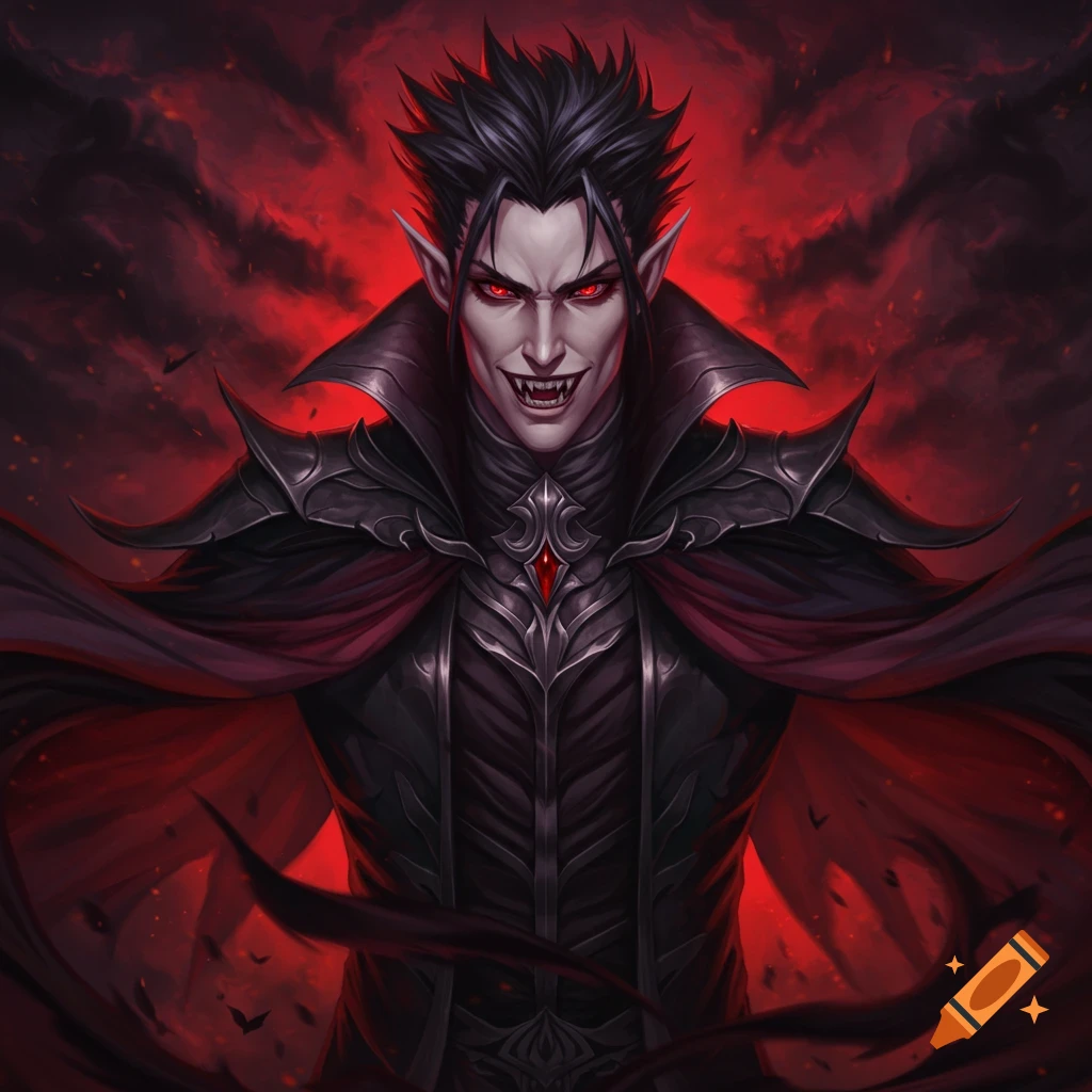 Anime portrait of a male vampire demon with red eyes and fangs against ...