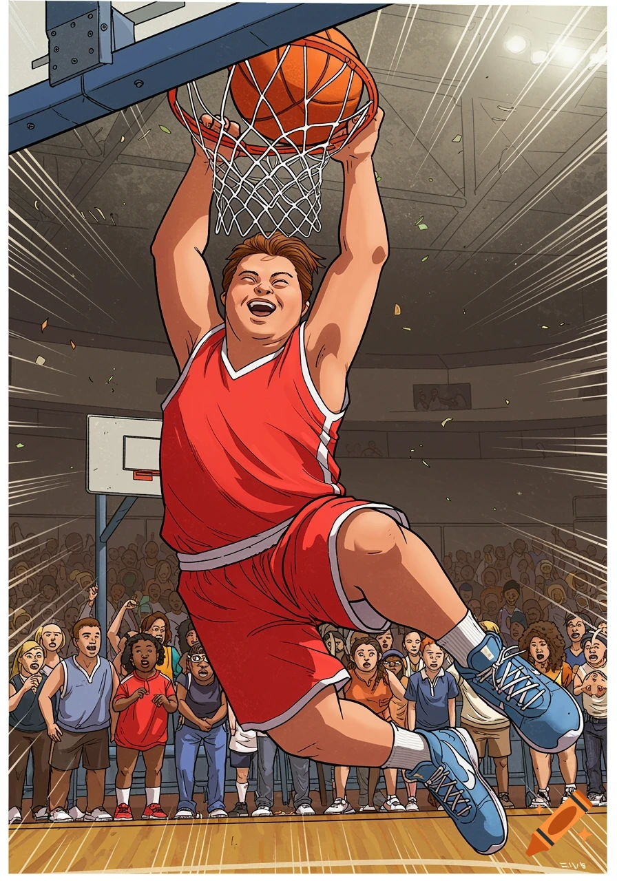 Cartoon illustration of a person slam dunking a basketball during a ...