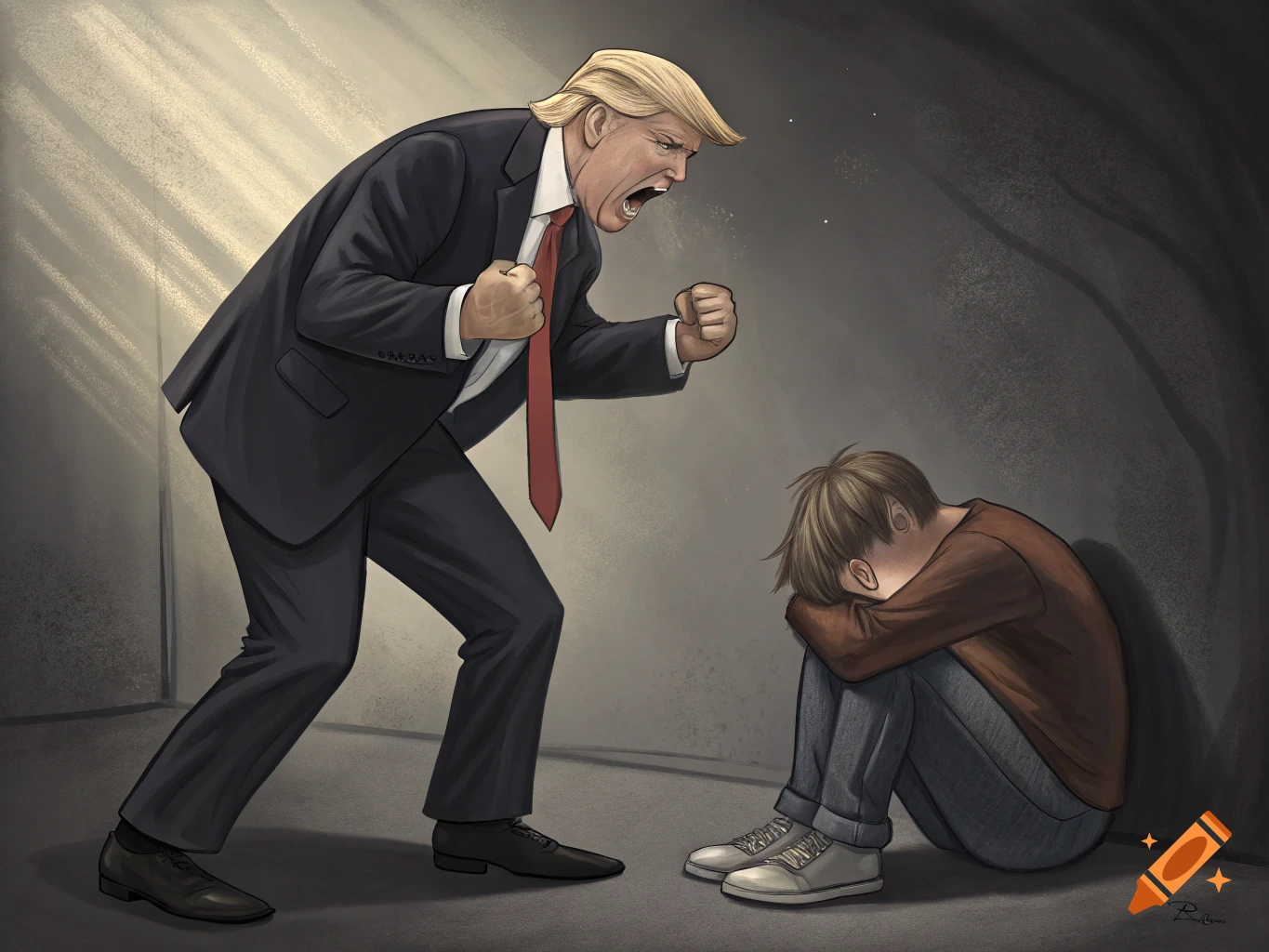 Stylized illustration of a man resembling Trump yelling at a cowering ...