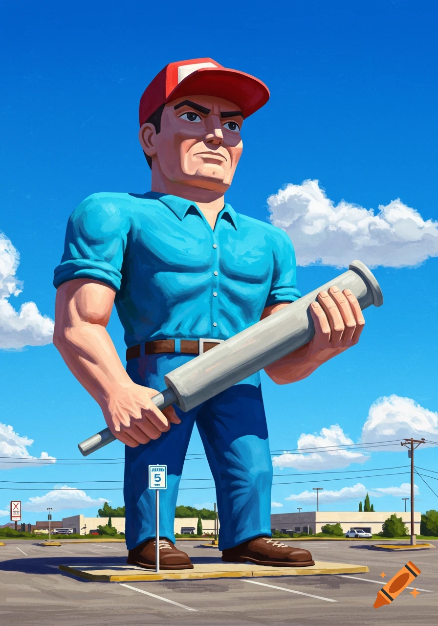 Large statue of a man in blue shirt and red cap holding a pipe in a ...