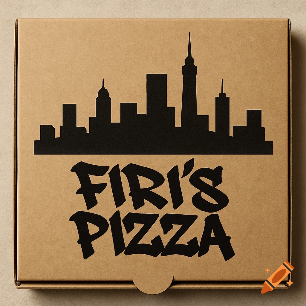 Brown pizza box with black city skyline silhouette and 'FIRI'S PIZZA ...
