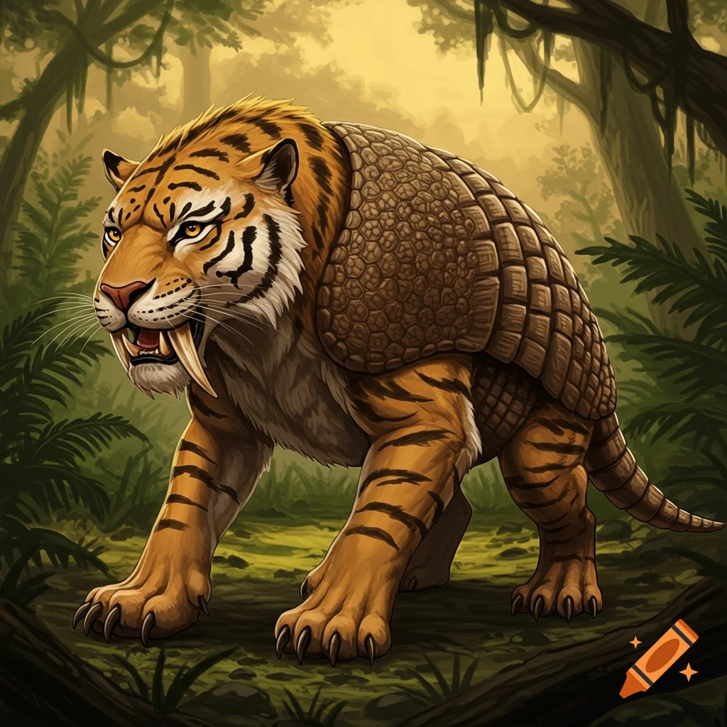 A saber tooth tiger and armadillo hybrid creature stands in a jungle. on Craiyon