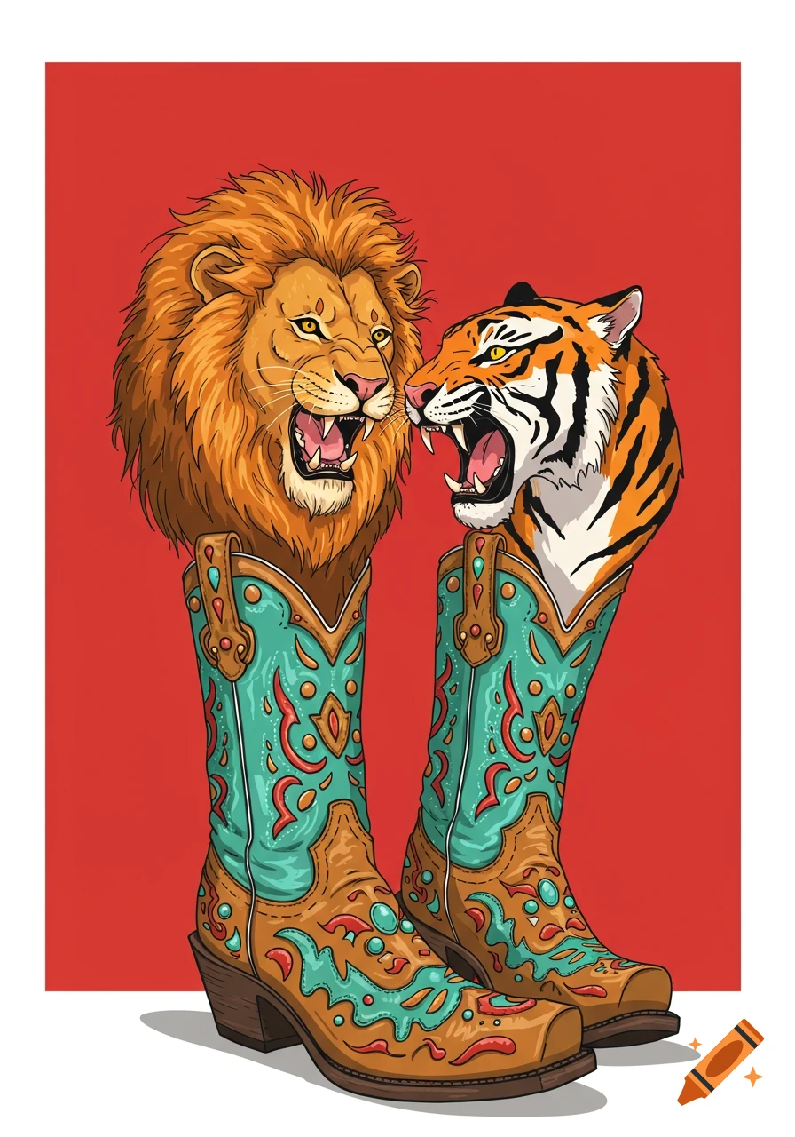 Illustration of a lion and tiger head roaring on decorative cowboy ...