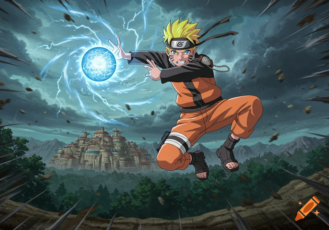 Naruto Uzumaki charging Rasengan above Hidden Leaf Village, anime style ...