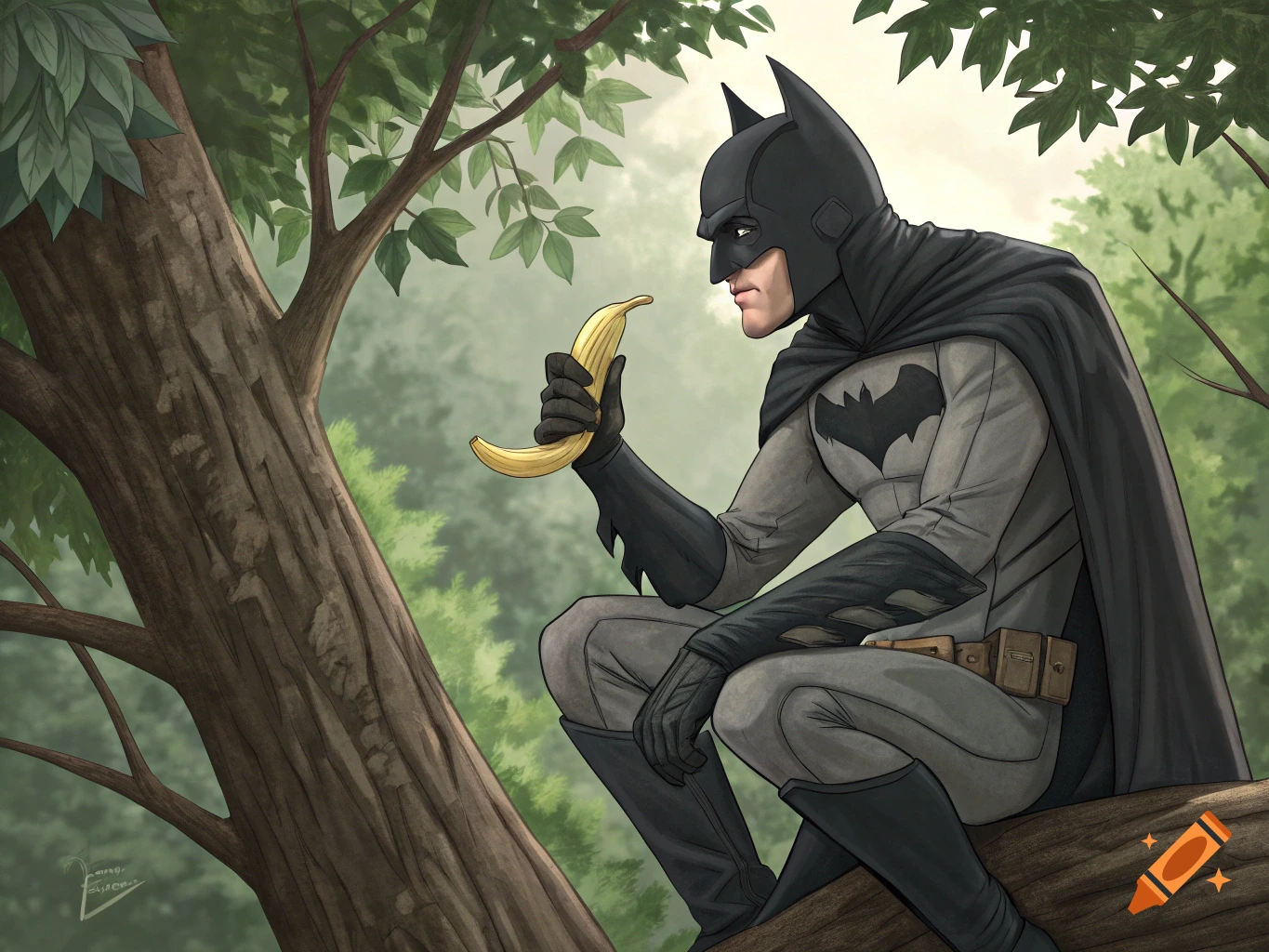 Batman sits on a tree branch in a forest, holding a banana in his hand ...