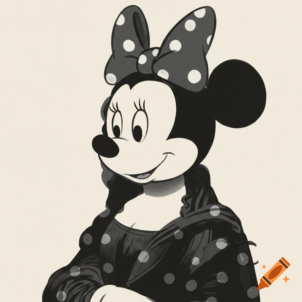 Black and white illustration of Minnie Mouse posing as the Mona Lisa ...