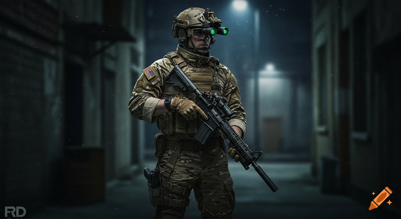 Modern soldier in tactical gear with night vision goggles stands in a ...