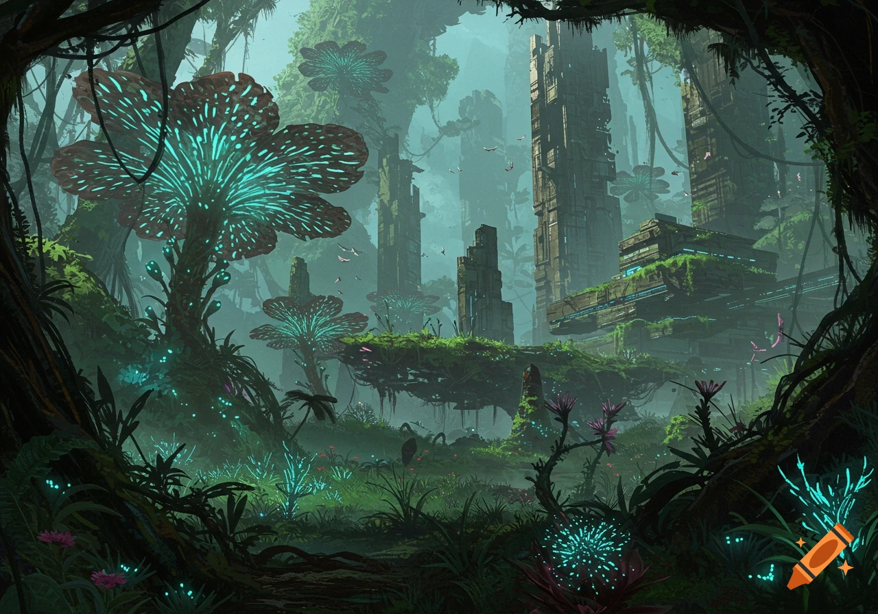 Sci-fi fantasy jungle landscape with towering structures and glowing alien plants. on Craiyon