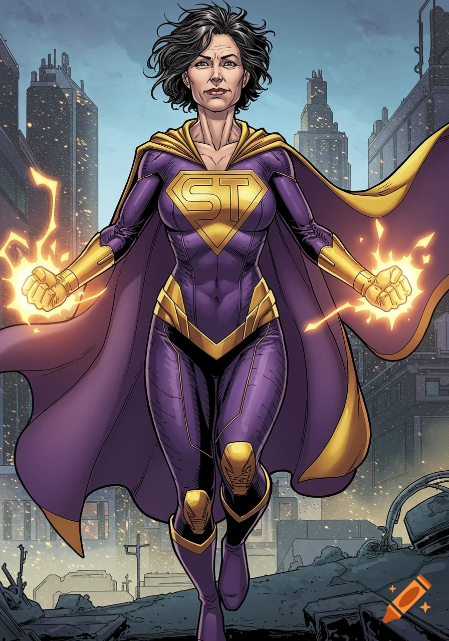 Middle-aged female superhero in purple and gold costume with cape and ...