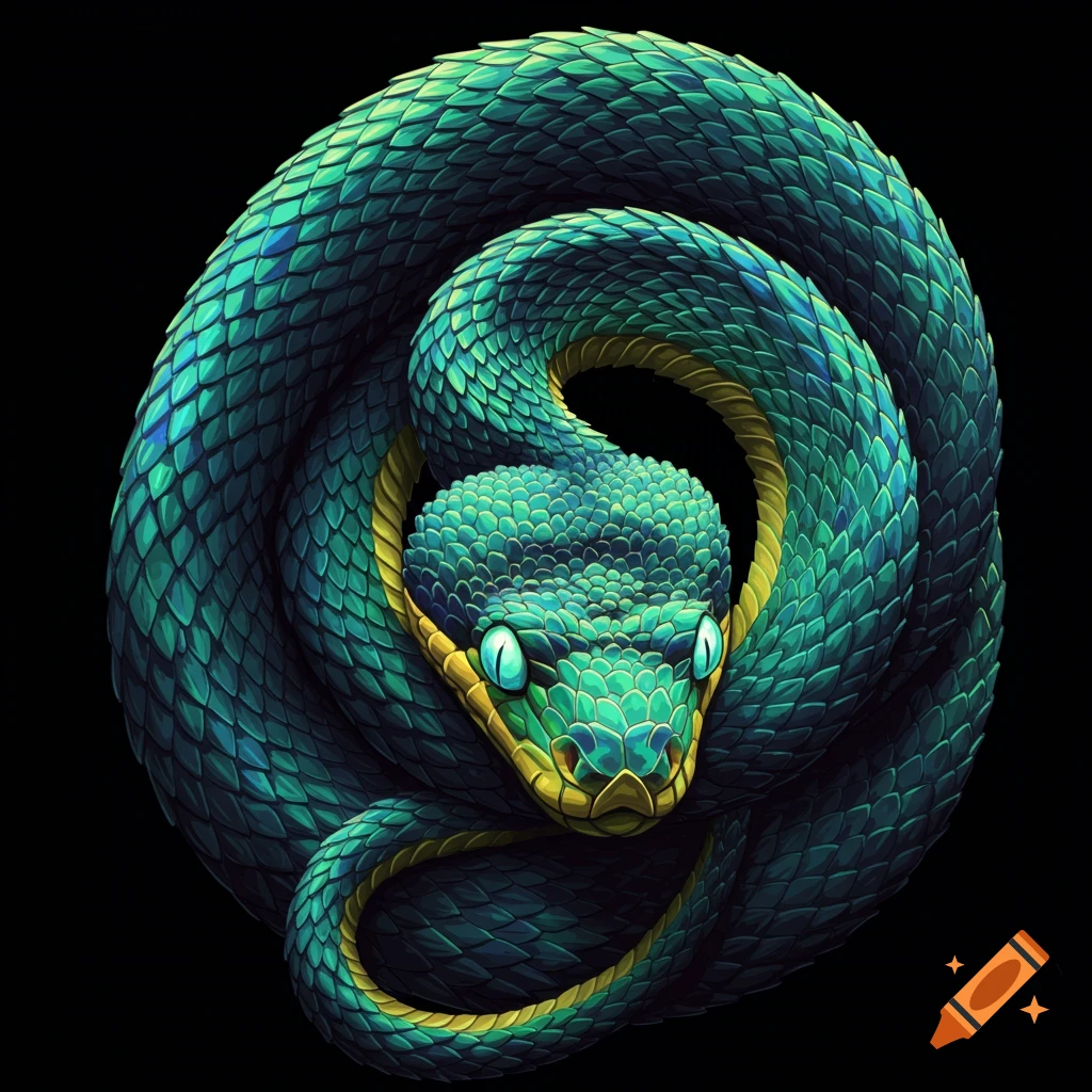 Illustrative coiled green and yellow snake looking forward. on Craiyon