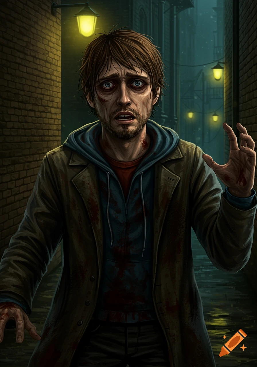 Illustration of a scared man covered in blood in a dark alley. on Craiyon