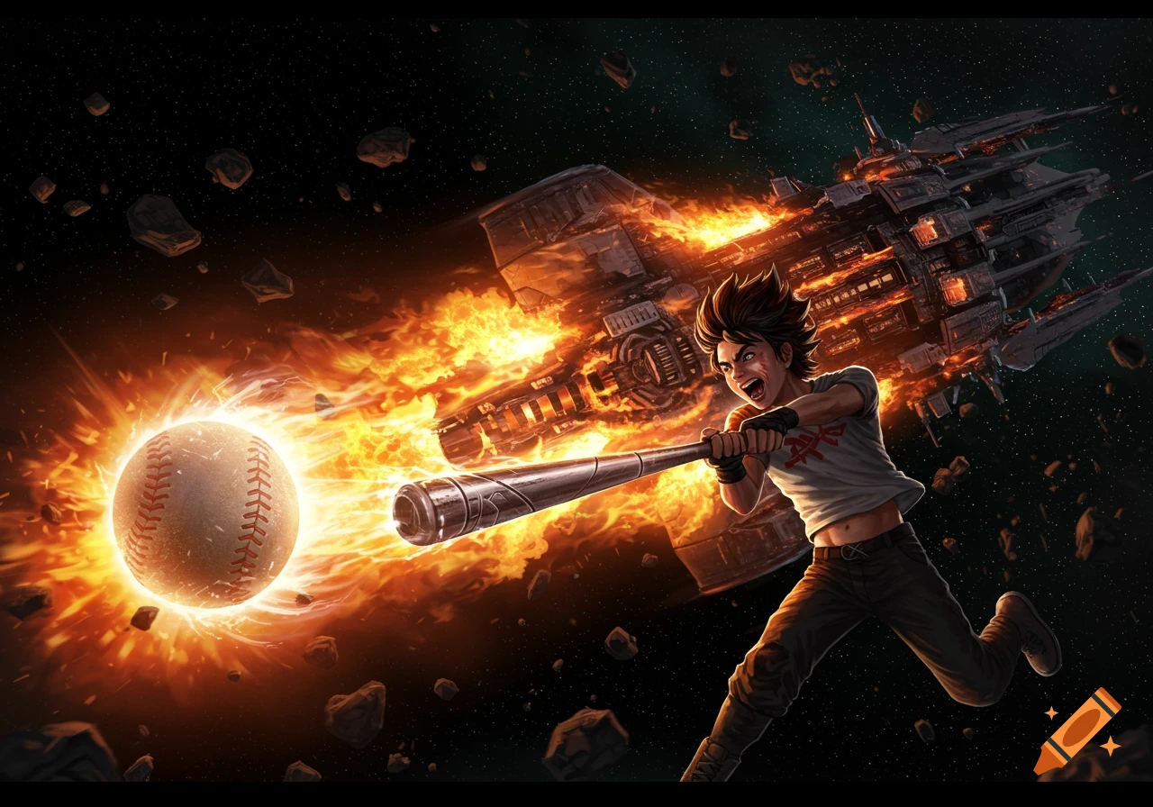 Illustration of a person hitting a flaming baseball in space near a ...