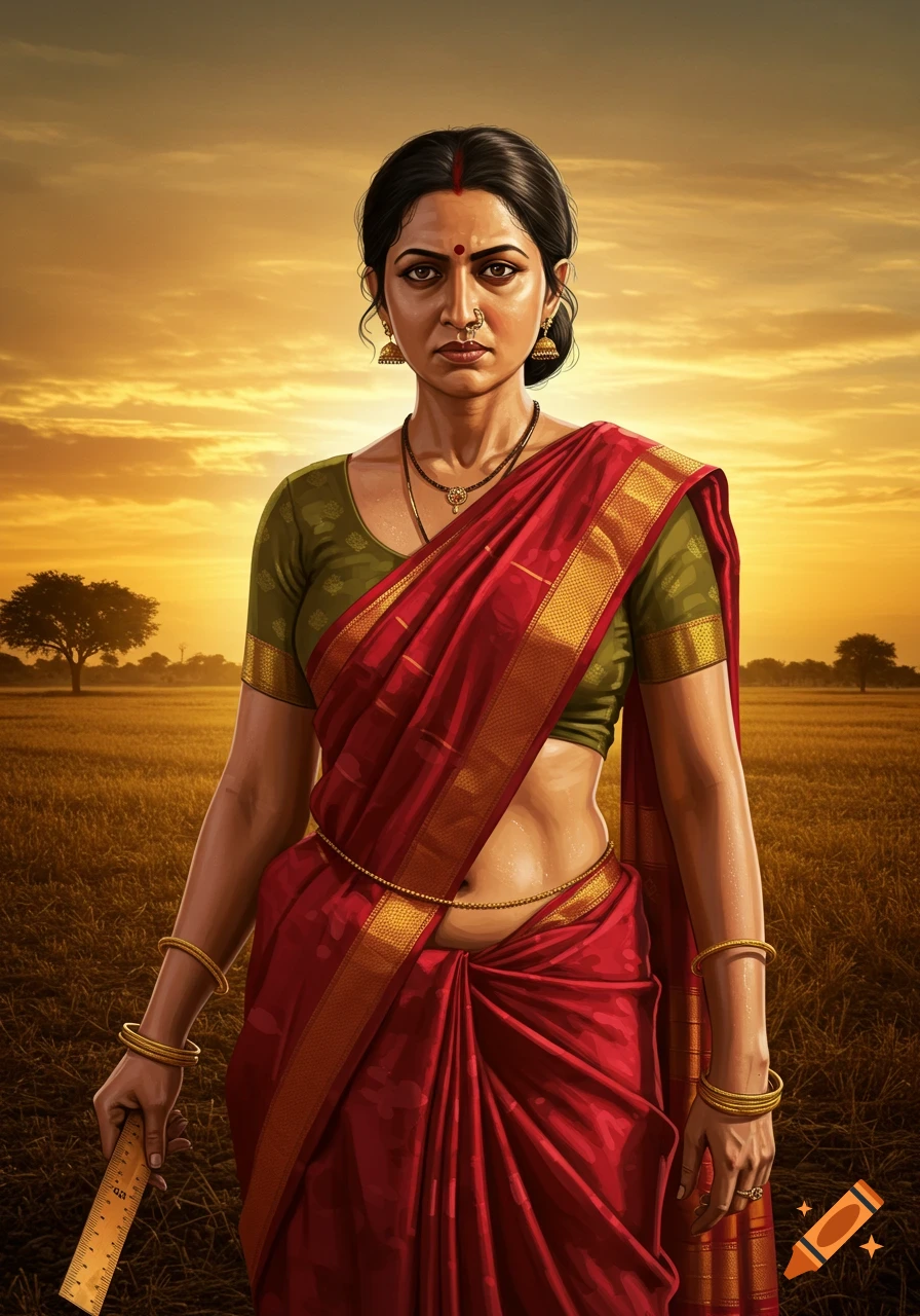 Hyper-realistic portrait of a stern Indian woman in a red saree holding ...