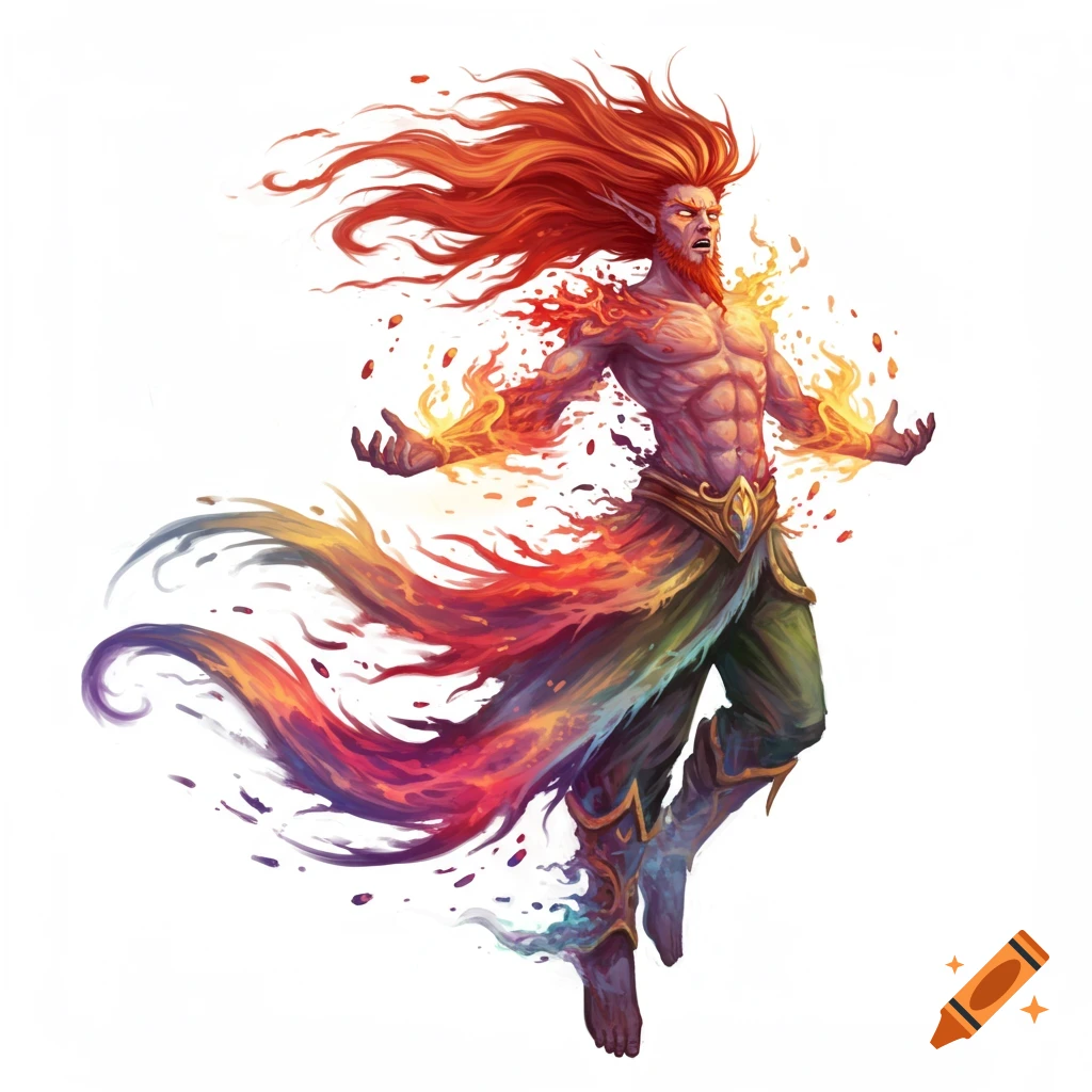 Red-haired male elemental figure with fiery arms and flowing lower body ...