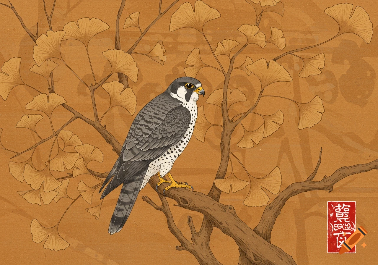 A falcon sits on a ginkgo tree branch in a traditional East Asian art ...