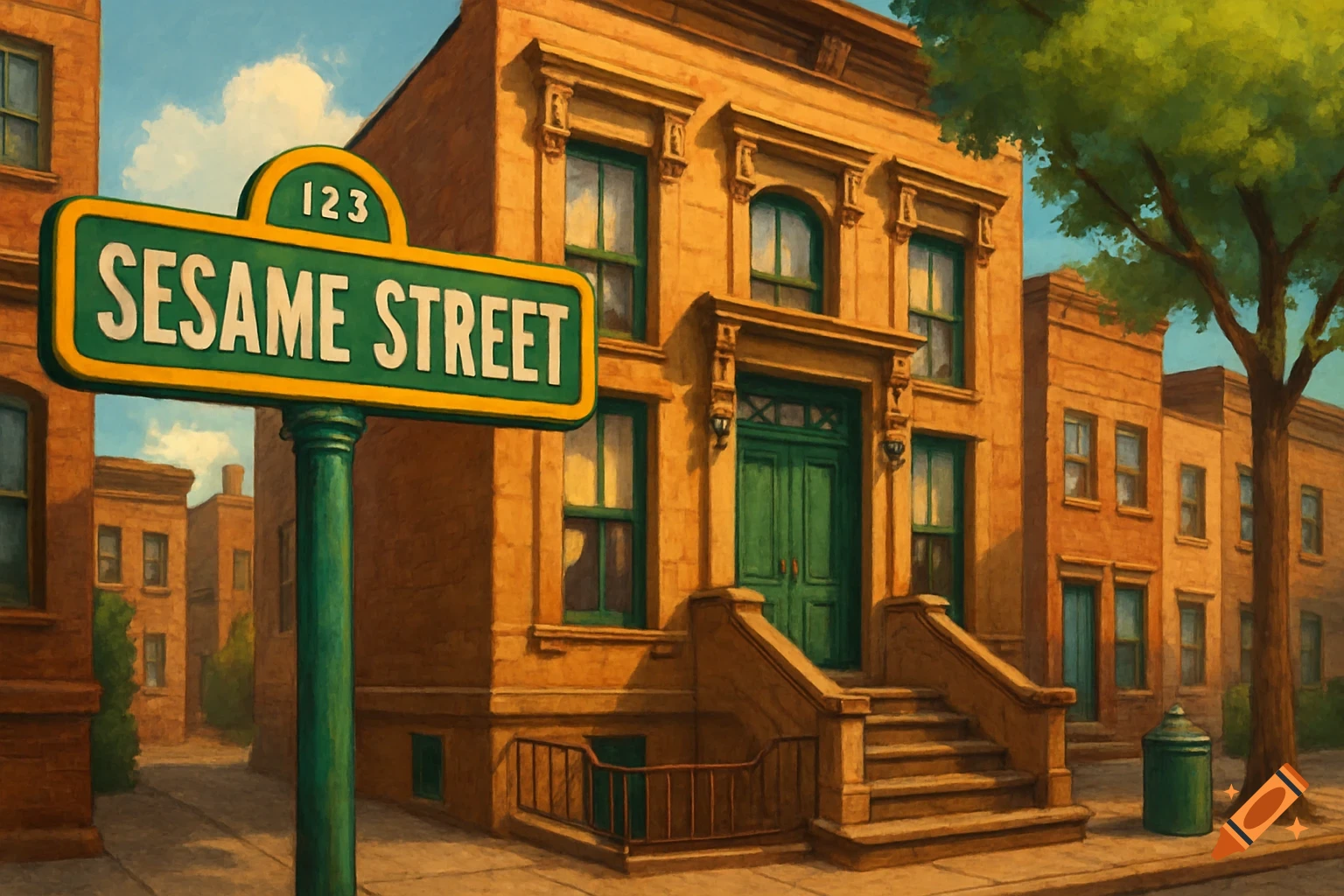 A street sign reading 123 Sesame Street stands in front of a brownstone ...