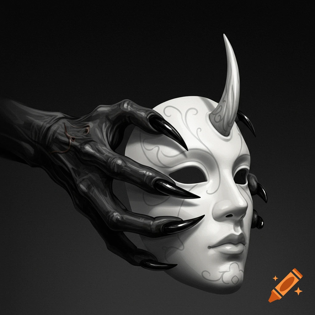 Black monster claw hand holding a white mask with a single horn. on Craiyon
