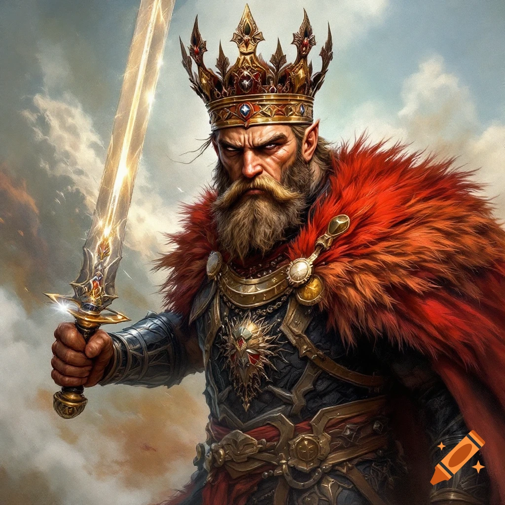 A fantasy king with a crown and red fur cloak holds a glowing sword ...