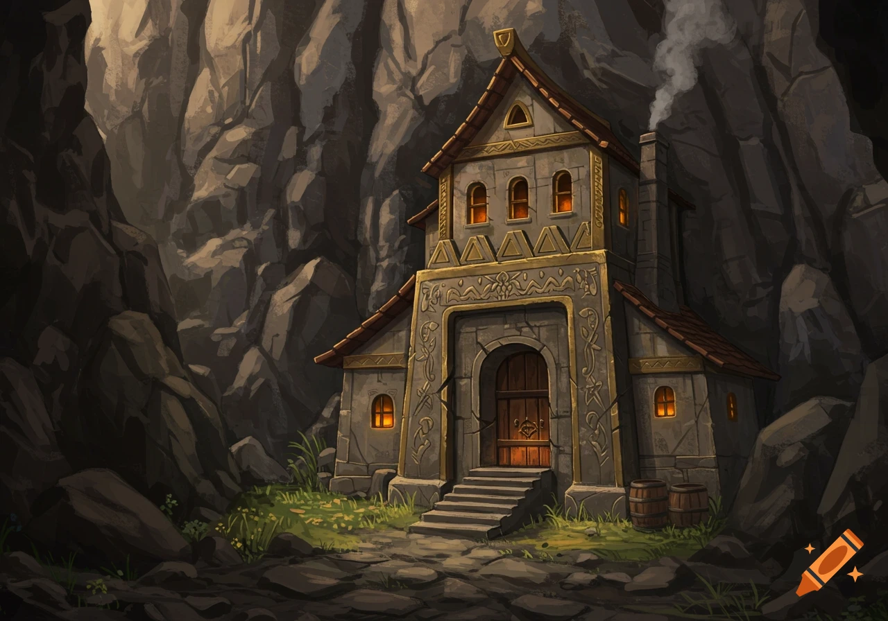 Digital painting of a sturdy stone dwarven home built into a rocky ...