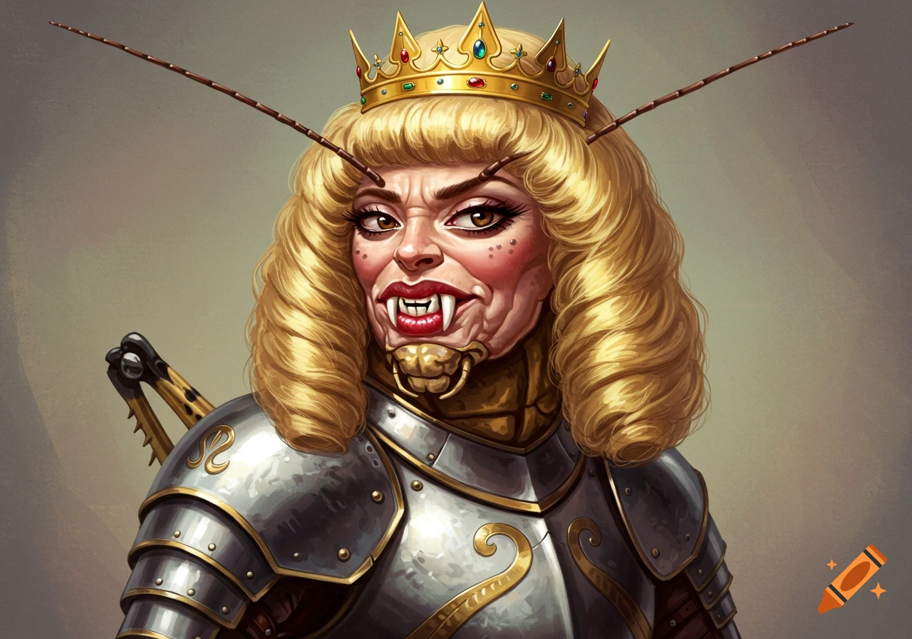 Portrait of a fantasy queen with insect features, blonde hair, fangs, a ...