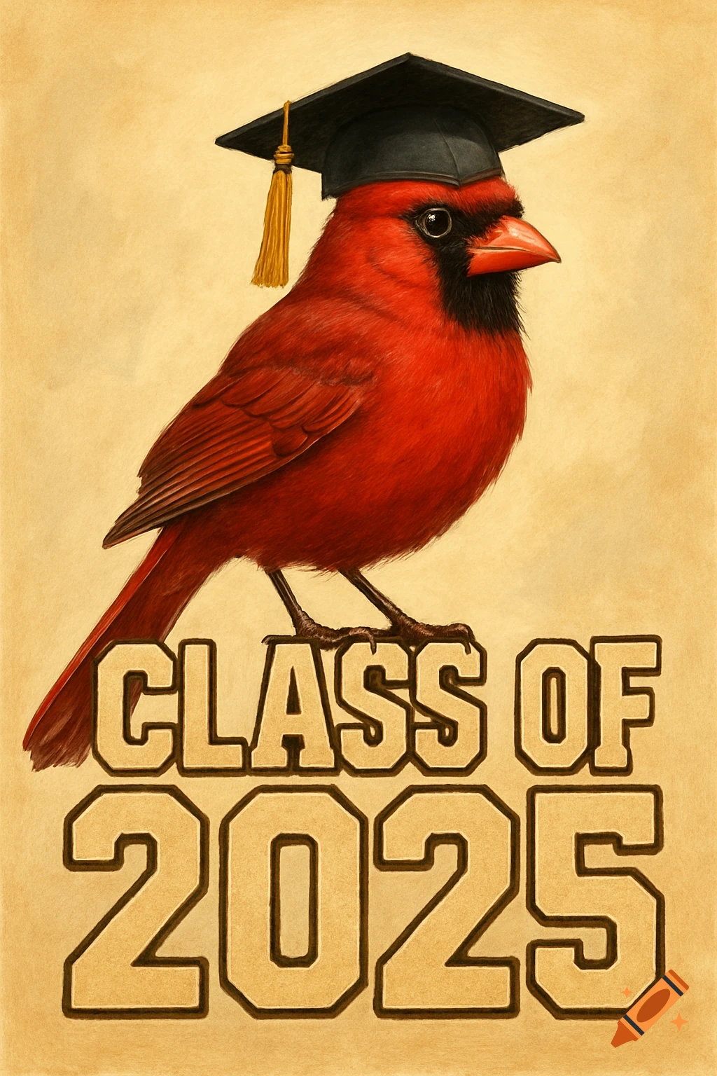 A red cardinal bird wearing a black graduation cap stands on the words ...